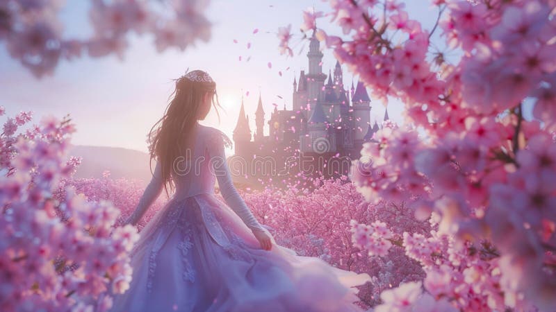 Beautiful Fairytale Princess in a Dreamy Pink Dress with Flowers and ...