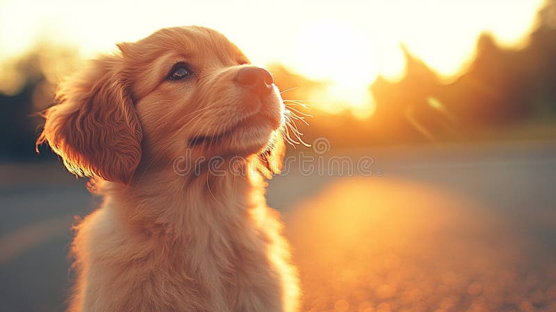 Very Cute Golden Retriever Puppy Dog with Peaceful Sunset Stock ...