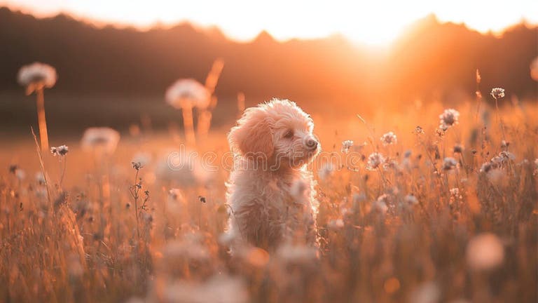 The Cutest, Most Adorable Poodle Puppy Dog in a Flower Field at Sunset ...