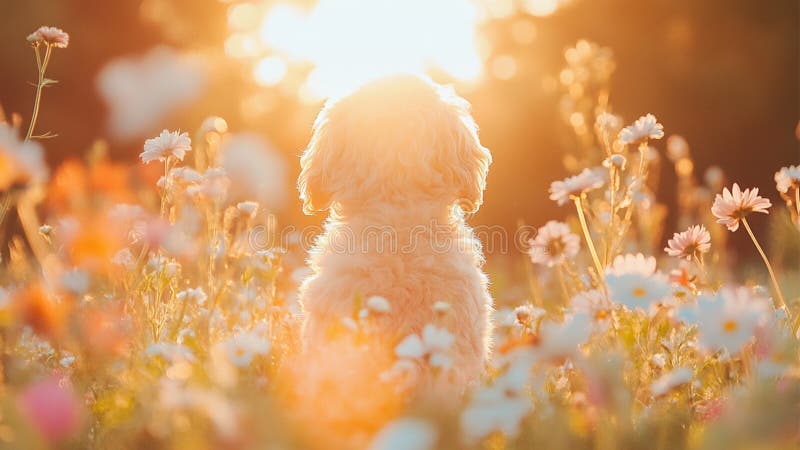 The Cutest, Most Adorable Poodle Puppy Dog in a Flower Field at Sunset ...