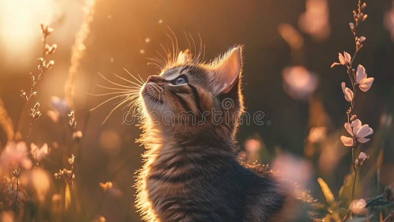 Adorable Cute Kitten Cat in the Middle of a Peaceful Flower Field Under ...