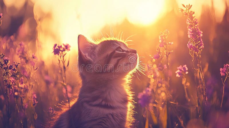 Adorable Cute Kitten Cat in the Middle of a Peaceful Flower Field Under ...