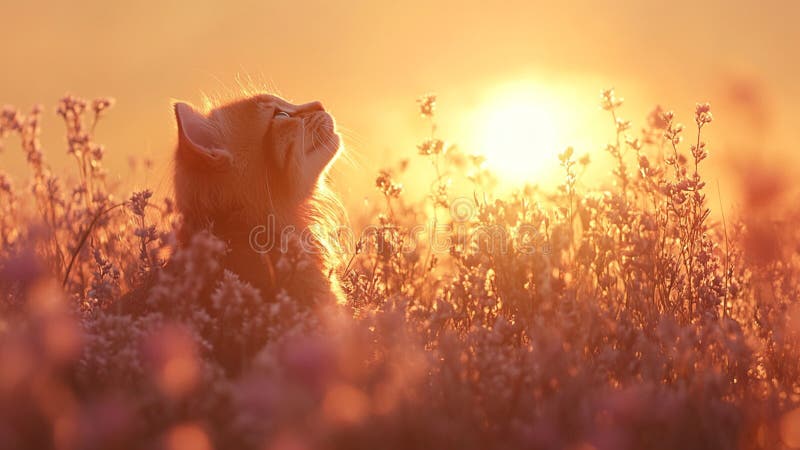 Adorable Cute Kitten Cat in the Middle of a Peaceful Flower Field Under ...