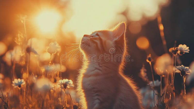 Adorable Cute Kitten Cat in the Middle of a Peaceful Flower Field Under ...