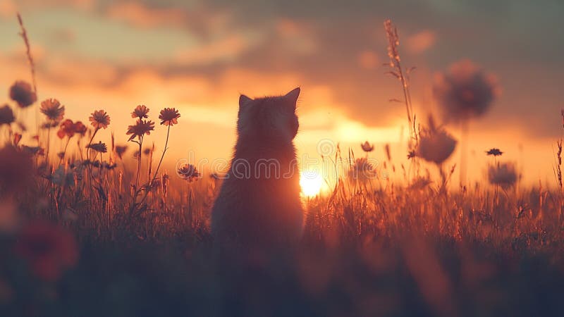 Adorable Cute Kitten Cat in the Middle of a Peaceful Flower Field Under ...