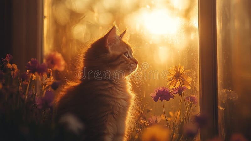 Adorable Cute Kitten Cat in the Middle of a Peaceful Flower Field Under ...