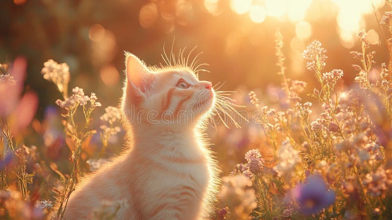 Adorable Cute Kitten Cat in the Middle of a Peaceful Flower Field Under ...