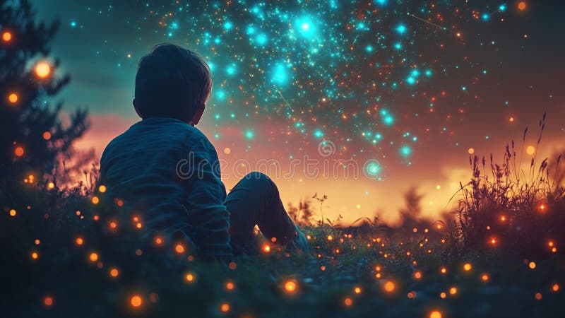 Lonely Little Boy Stargazing in a Peaceful Cosmic Starry Sky Background ...