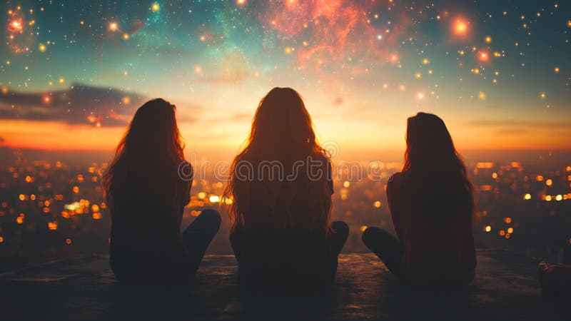 Three Friends Stargazing in the City Under a Beautiful Cosmic Starry ...
