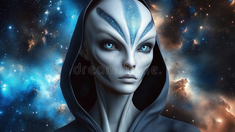 A Beautiful Humanoid Female Alien with Gray Skin in a Cosmic Background ...