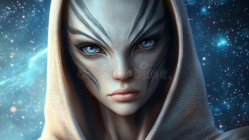A Beautiful Humanoid Female Alien with Gray Skin in a Cosmic Background ...