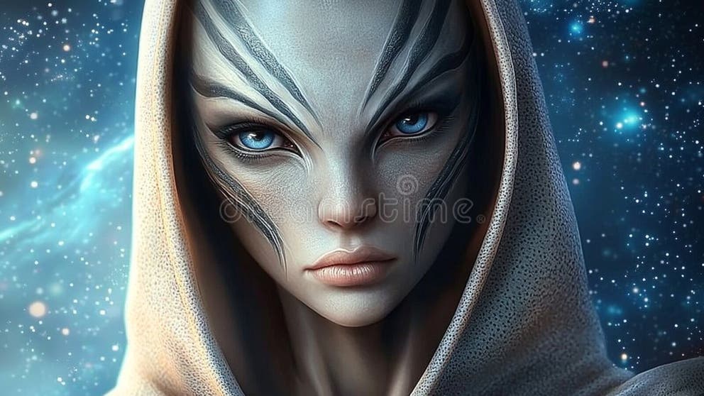 A Beautiful Humanoid Female Alien with Gray Skin in a Cosmic Background ...