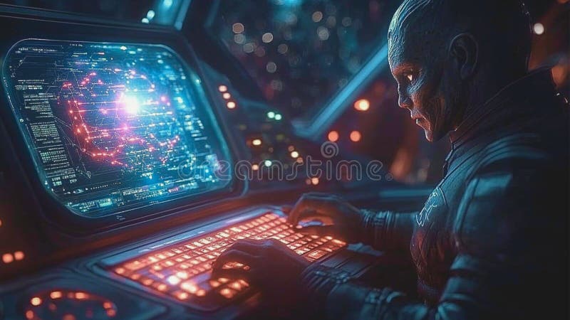 An Extraterrestrial Being Typing on a High Tech Advanced Alien Computer ...