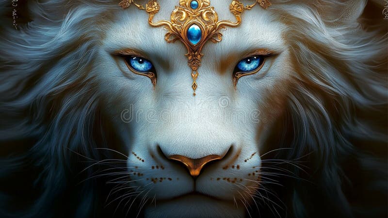 A Gorgeous Lion King with White Fur, Blue Eyes and Golden Jewelry ...