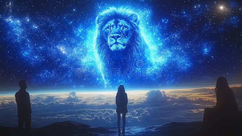 Lion God Deity Ancestors Up in the Night Starry Blue Sky (Feline Alien ...