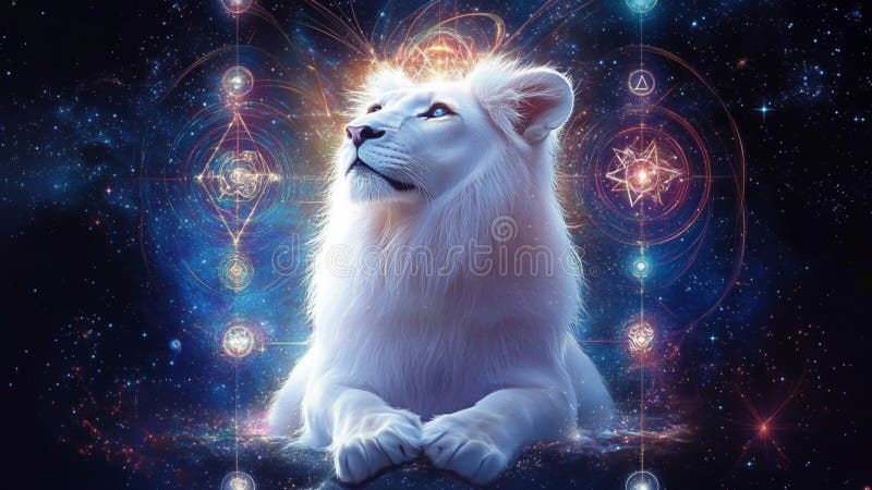 A Spiritual White Lion Urmah in a Cosmic Background with Colorful ...