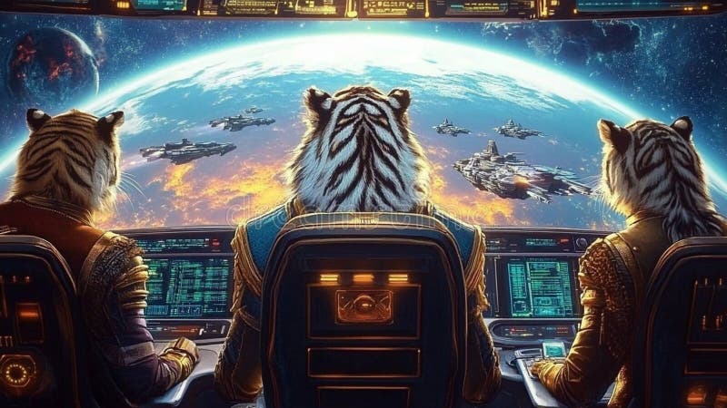 A Group of Urmah Tigers Piloting a Spaceship from the Cockpit (Feline ...