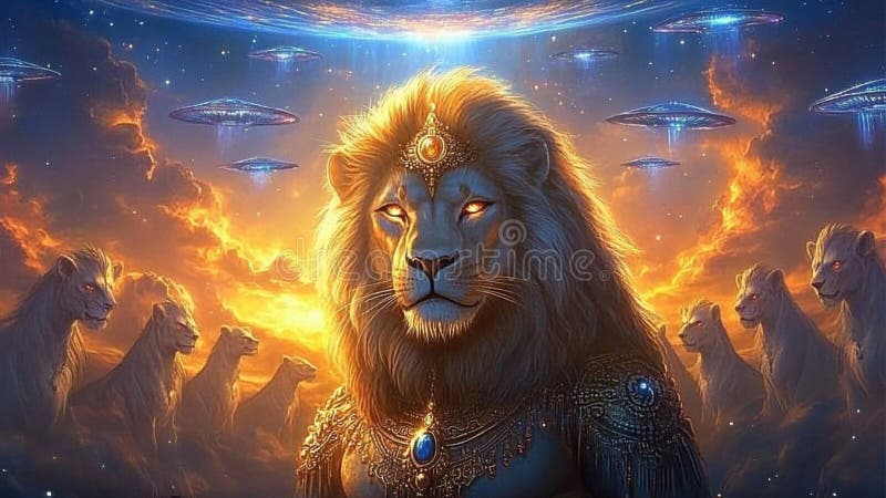 An Urmah Lion King Extraterrestrial in a Cosmic Background with UFO ...