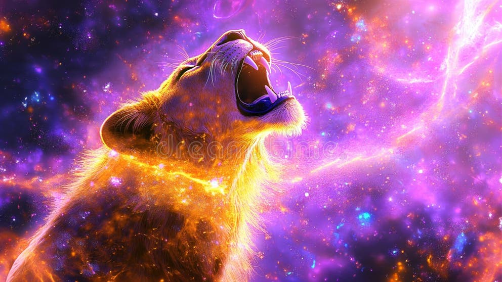 A Powerful Golden Lioness Roaring in a Purple Cosmic Background (Feline ...