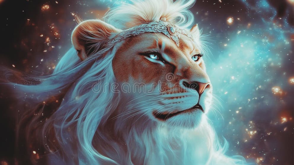 A Beautiful Lioness with Blue Eyes and White Hair in a Starry Sky ...