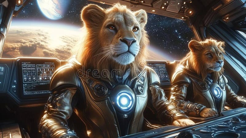 A Group of Urmah Lions Piloting a Spaceship from the Cockpit (Feline ...