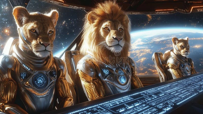 A Group of Urmah Lions Piloting a Spaceship from the Cockpit (Feline ...