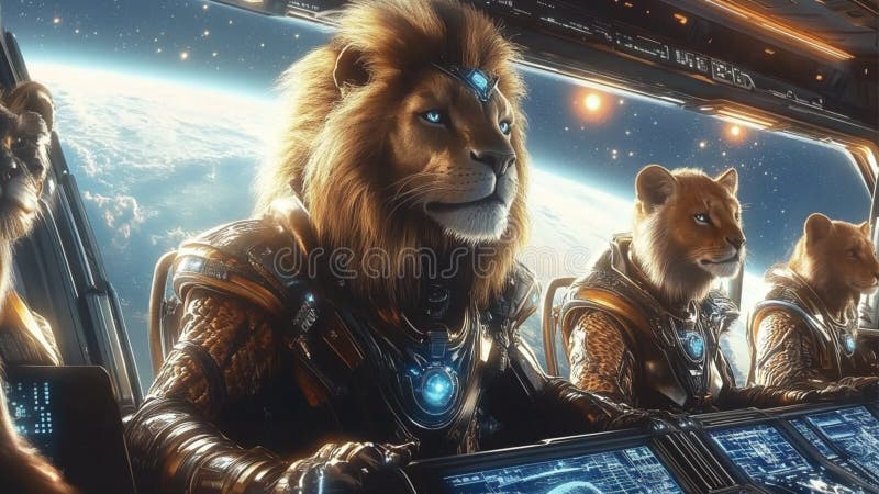 A Group of Urmah Lions Piloting a Spaceship from the Cockpit (Feline ...