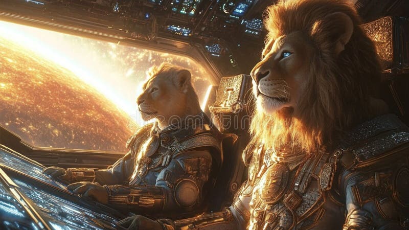A Group of Urmah Lions Piloting a Spaceship from the Cockpit (Feline ...