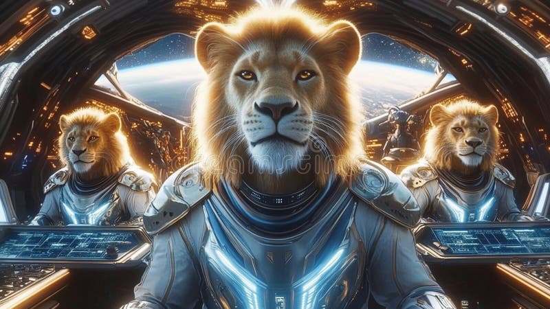 A Group of Urmah Lions Piloting a Spaceship from the Cockpit (Feline ...