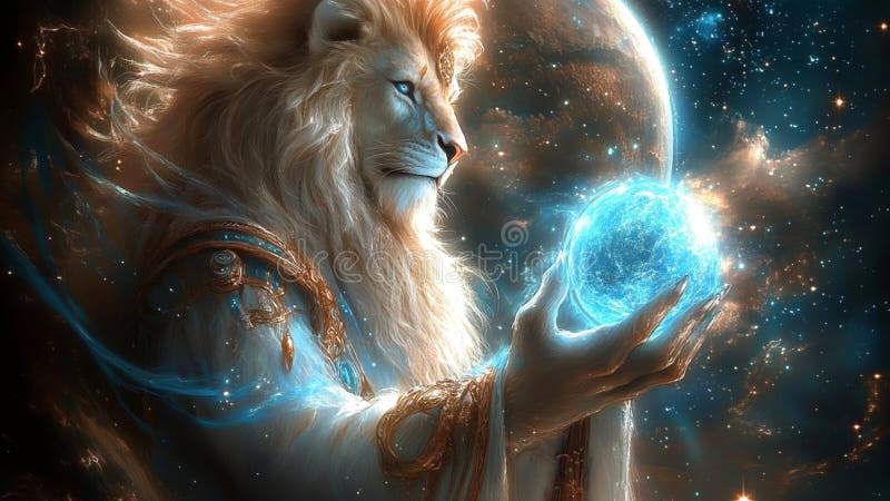 A Wise Wizard Lion Urmah Holding a Glowing Blue Crystal Ball (Feline ...