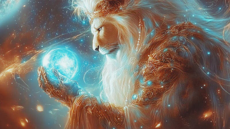 A Wise Wizard Lion Urmah Holding a Glowing Blue Crystal Ball (Feline ...