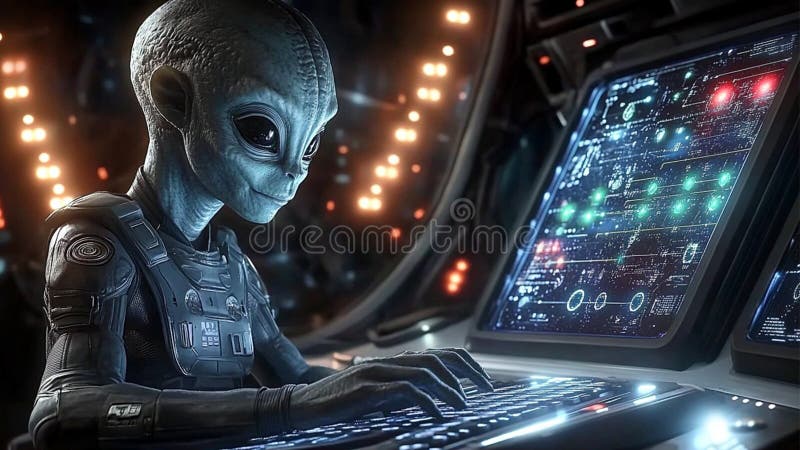 A Humanoid Gray Extraterrestrial Typing on a High Tech Advanced Alien ...