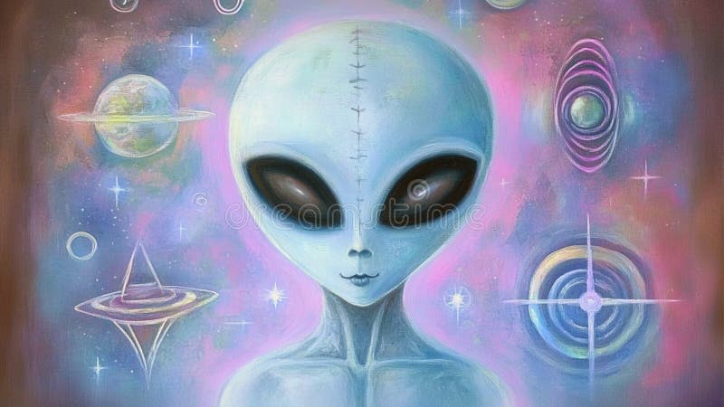 Gray Alien in a Cosmic Universe Background with Nebulas and Galaxies in ...