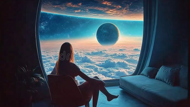 Pleiadian Woman Daydreaming in a Living Room of a Spaceship, Looking at ...