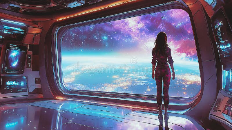 A Pleiadian Woman Daydreaming on a Spaceship, Looking through a Window ...