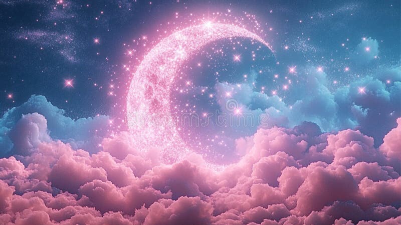 Waning Crescent Sparkling Shimmering Glittering Pink Moon in a Starry ...