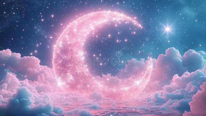 Waning Crescent Sparkling Shimmering Glittering Pink Moon in a Starry ...