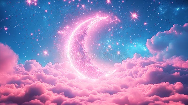 Waning Crescent Sparkling Shimmering Glittering Pink Moon in a Starry ...
