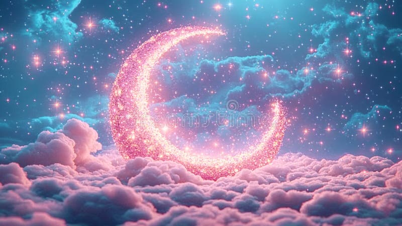 Waning Crescent Sparkling Shimmering Glittering Pink Moon in a Starry ...