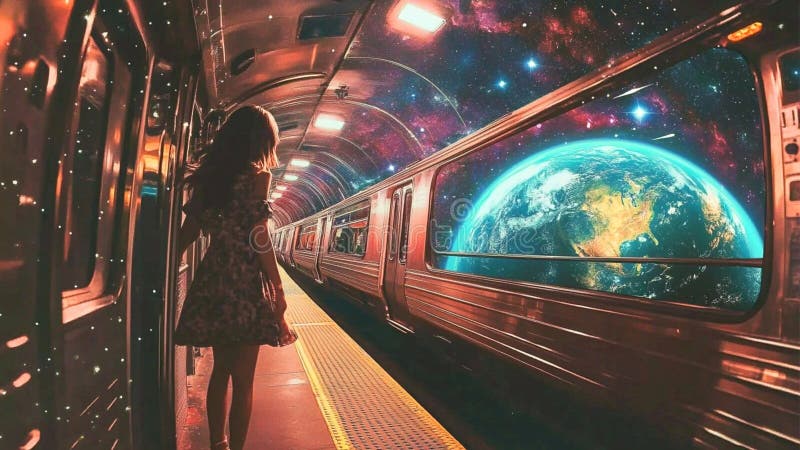 A Girl Dreaming of a Magical, Fantasy, Cosmic Train Station in a Dreamy ...