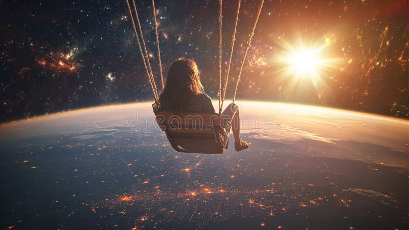 A Little Girl Dreaming of Riding a Magical, Fantasy, Cosmic Swing in a ...