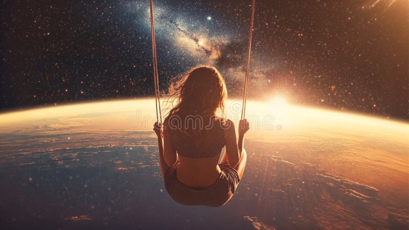 A Little Girl Dreaming of Riding a Magical, Fantasy, Cosmic Swing in a ...