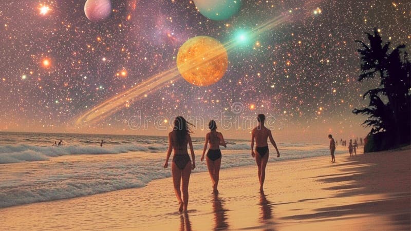 A Group of People Dreaming of a Magical Fantasy Ocean Beach Under a ...