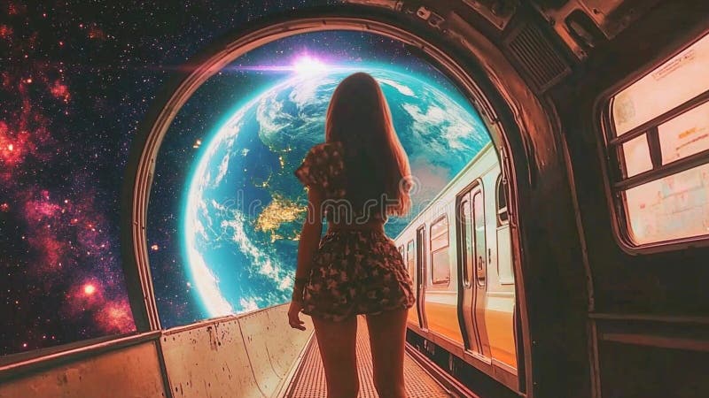A Girl Dreaming of a Magical, Fantasy, Cosmic Train Station in a Dreamy ...