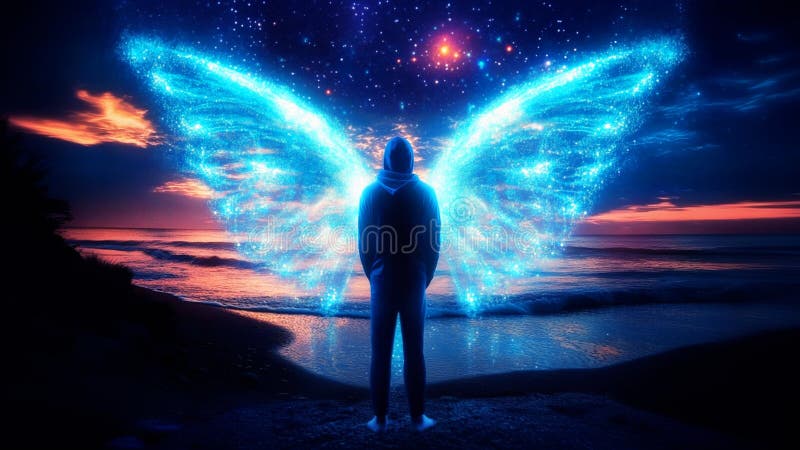 Angel Man with Glowing Blue Butterfly Wings on a Fantasy Beach Under a ...
