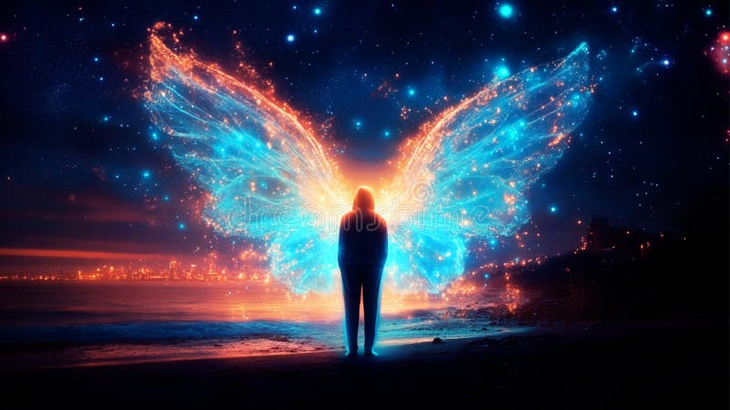 Angel Man with Glowing Blue Butterfly Wings on a Fantasy Beach Under a ...