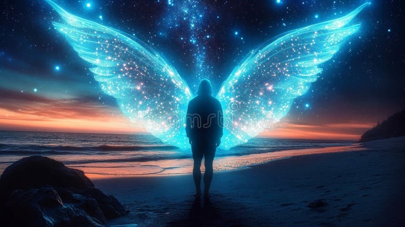 Angel Man with Glowing Blue Butterfly Wings on a Fantasy Beach Under a ...