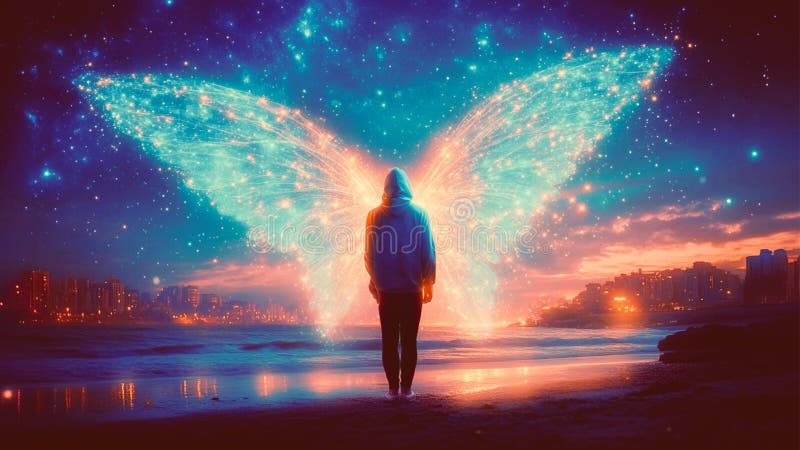 Angel Man with Glowing Blue Butterfly Wings on a Fantasy Beach Under a ...