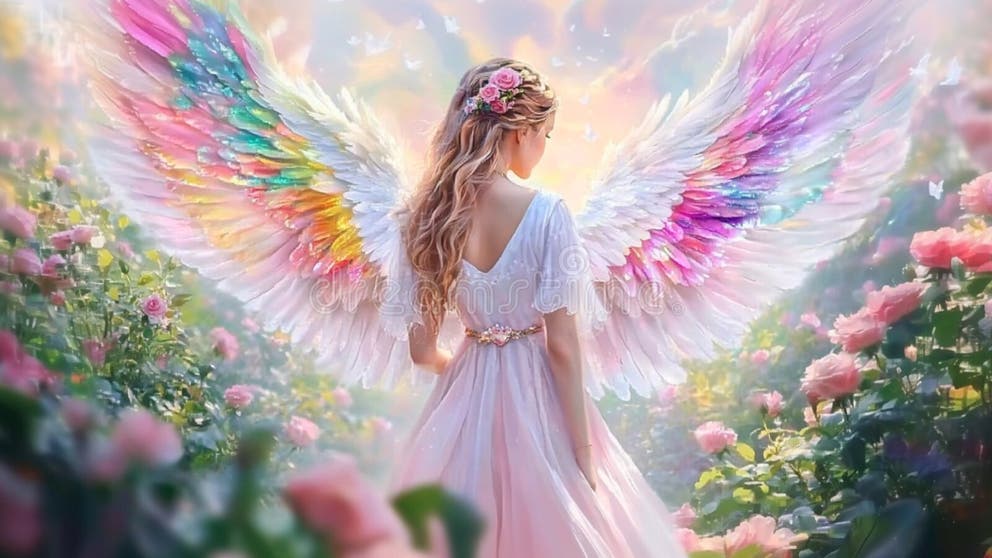 Fantasy Angel Woman with Colorful Feather Wings in a Magical Enchanted ...