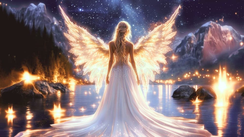 Gorgeous Angel Woman with Golden Sparkly Angelic Wings in a Lake ...